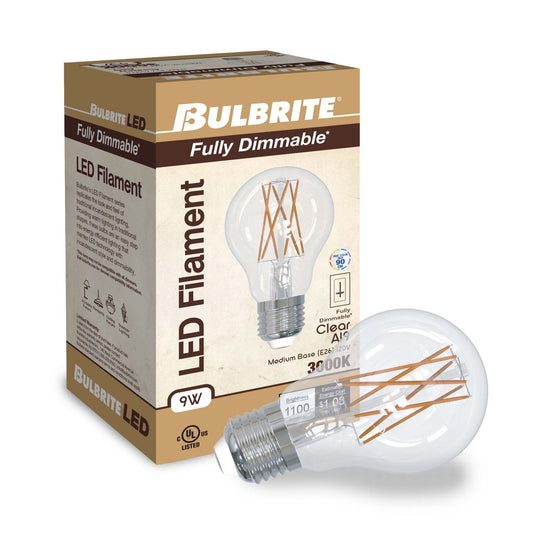 9W LED A19 3000K FILAMENT CLEAR E26 FULLY COMPATIBLE DIMMING – Bulbrite
